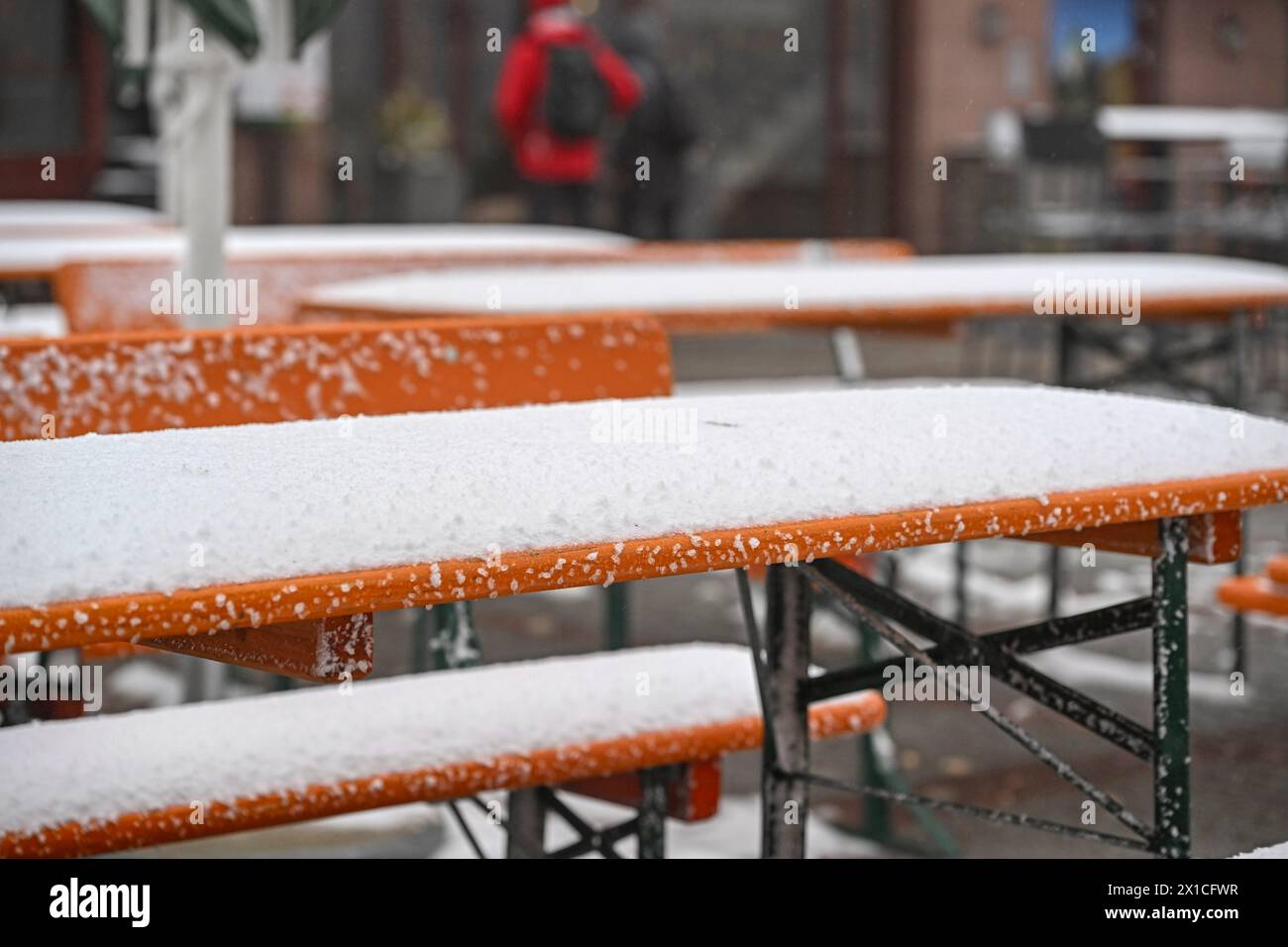 16 April 2024, Baden-Württemberg, Seebach: Tables and benches at ...