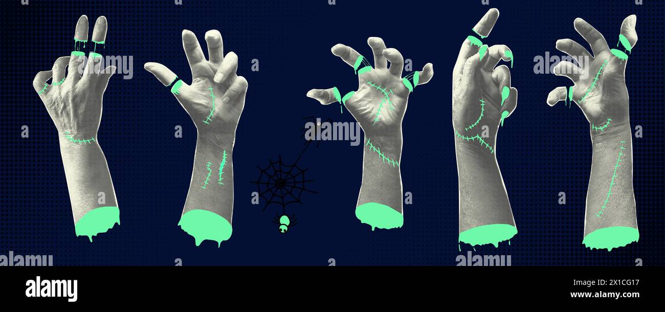 Collage elements hand palm with green slime. Halloween halftone zombie ...
