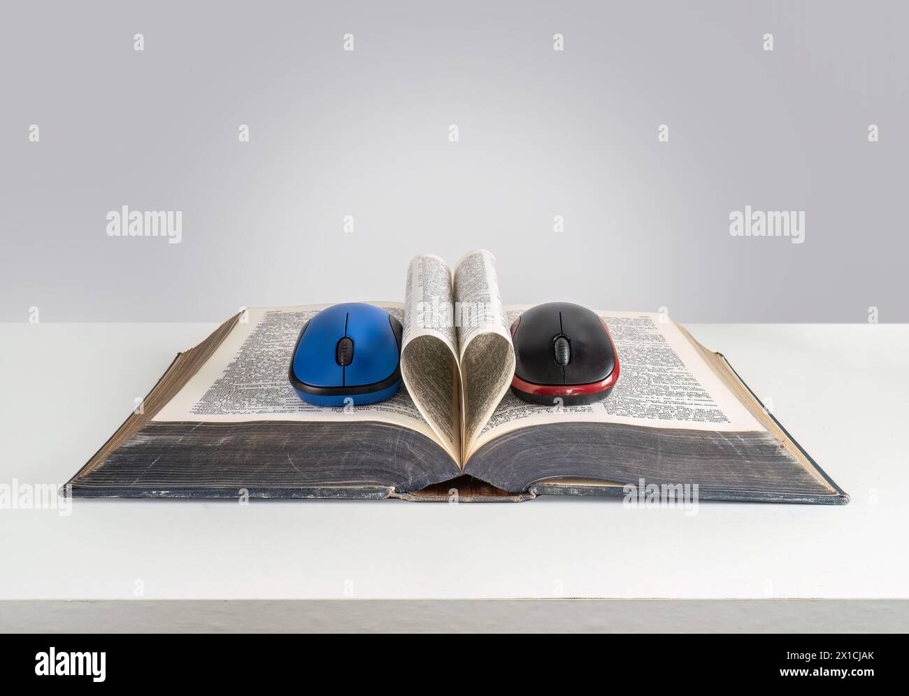 Love computer learning, concept metaphor. Two mice on old dictionary ...