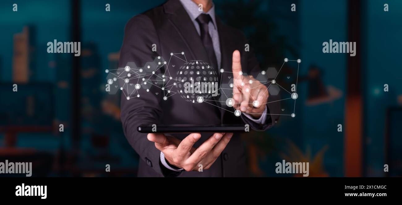 global economic connection. entrepreneur uses tablet and interacts with ...