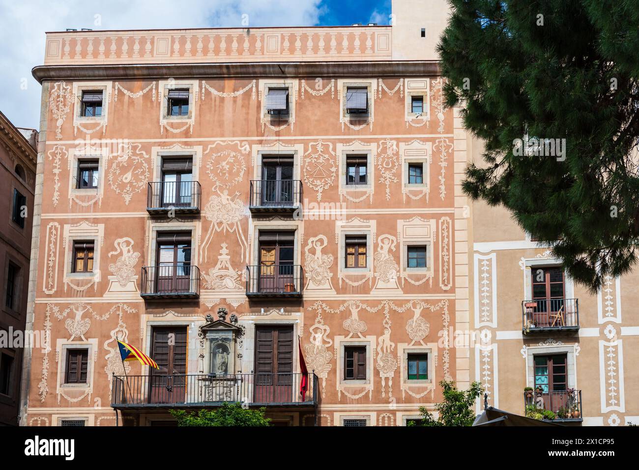 Barcelona, Spain: House facades at Placa del Pi, a charming square ...