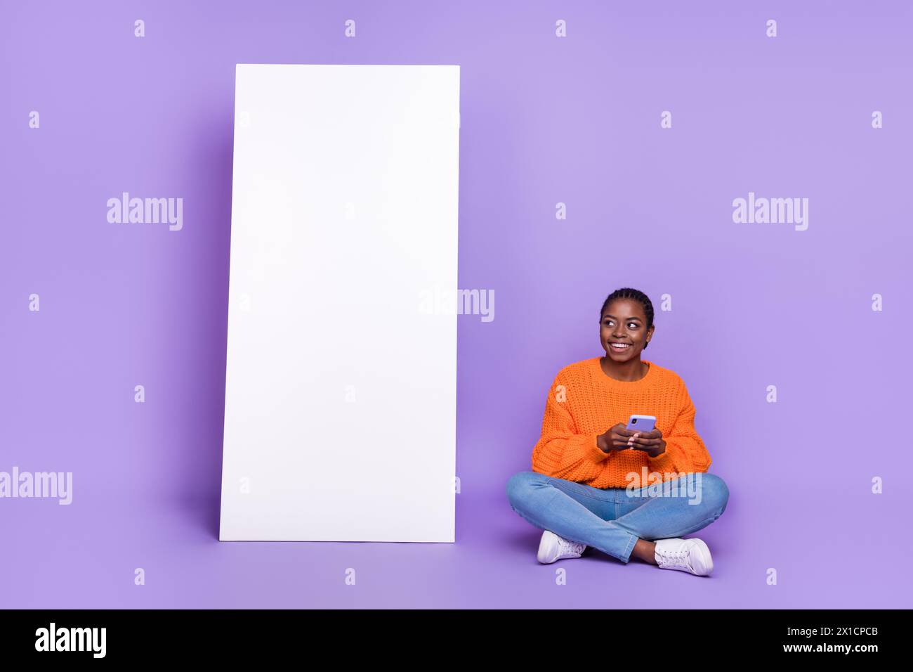 Full size photo of young girl dream think guess look empty space use ...