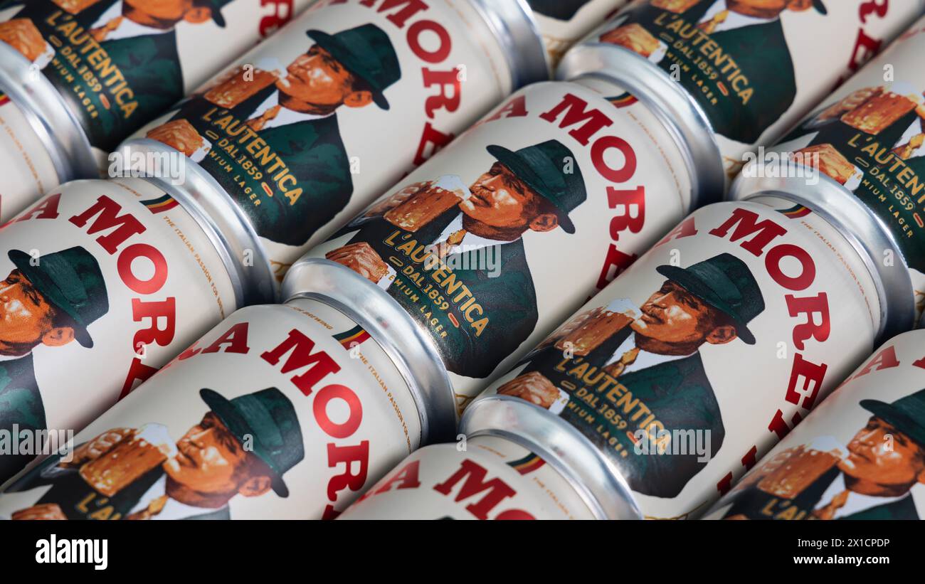 LONDON - APRIL 16, 2024: Birra Moretti cans, Italian lager beer drink ...