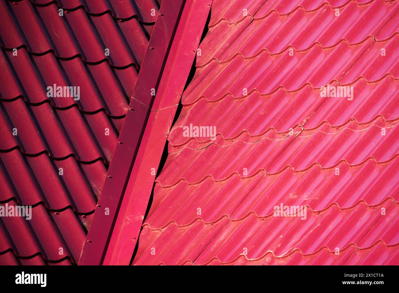 Red metal shingles, corner of roof slopes, abstract background photo ...