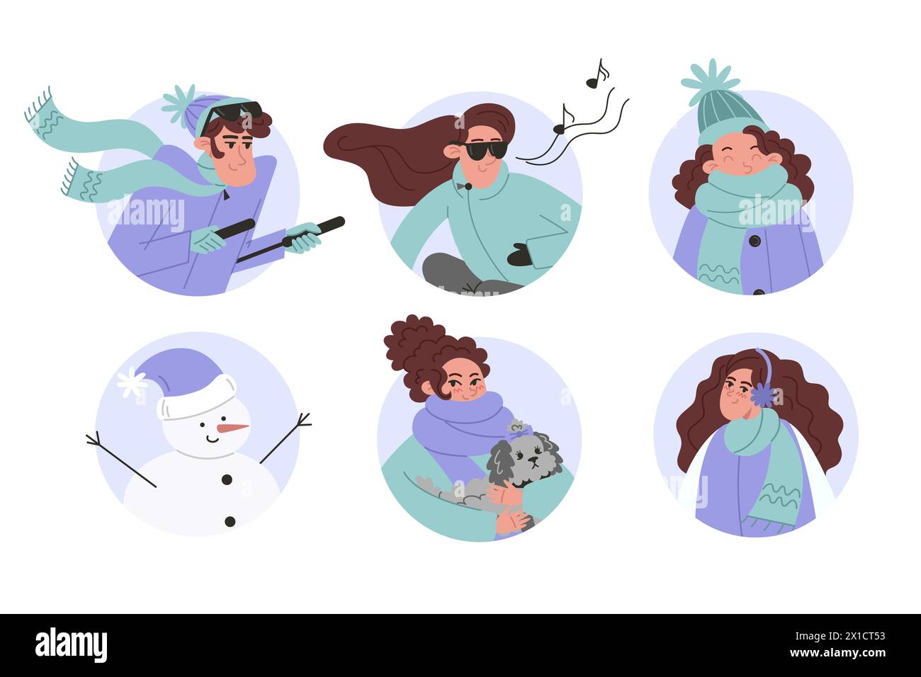 Set of people portraits in winter clothes and snowman, avatar in flat ...