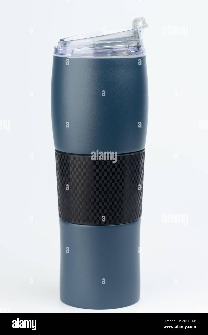 New blue plastic flask for liquids isolated on white studio background ...