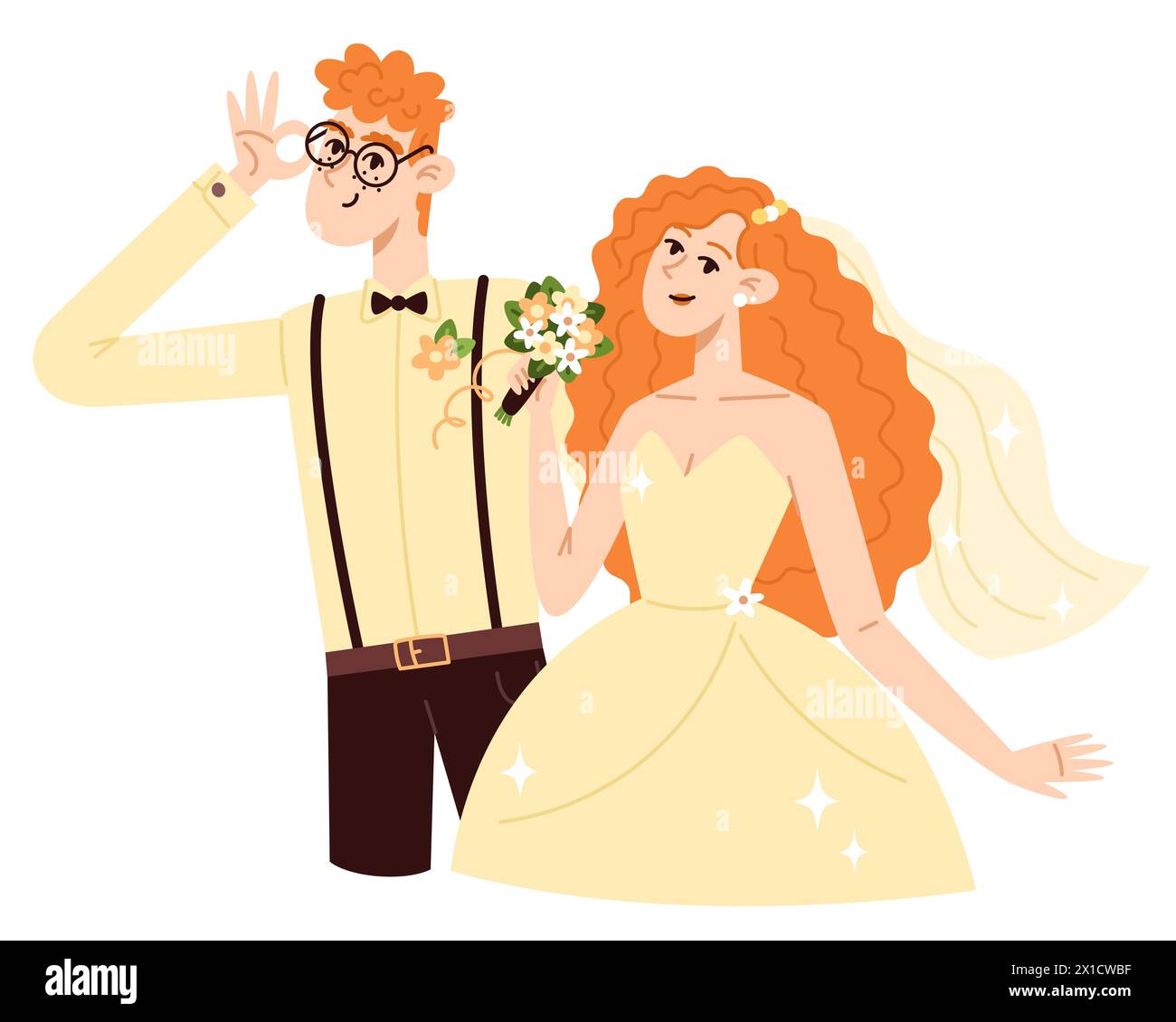 Bride with a bouquet of flowers and groom at the wedding, flat style ...
