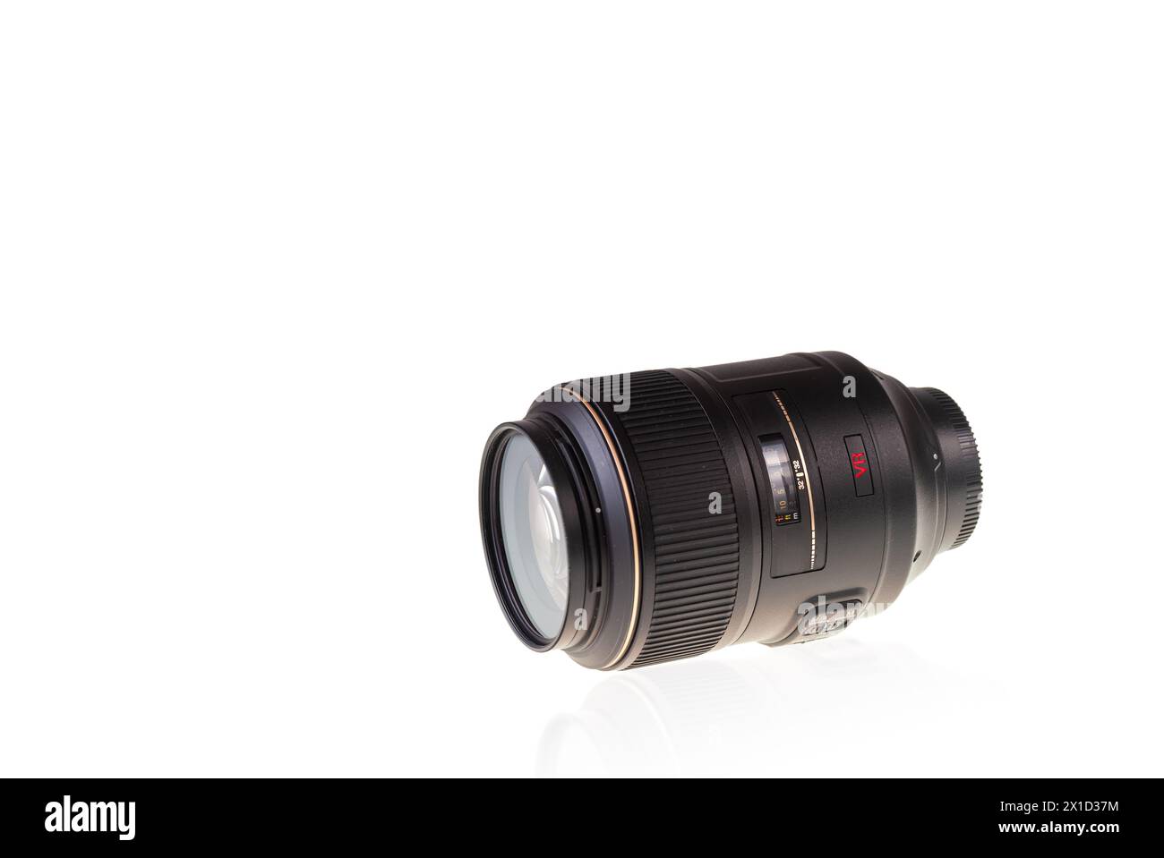 Close up of a 105mm Macro VR Lens isolated against a white background ...