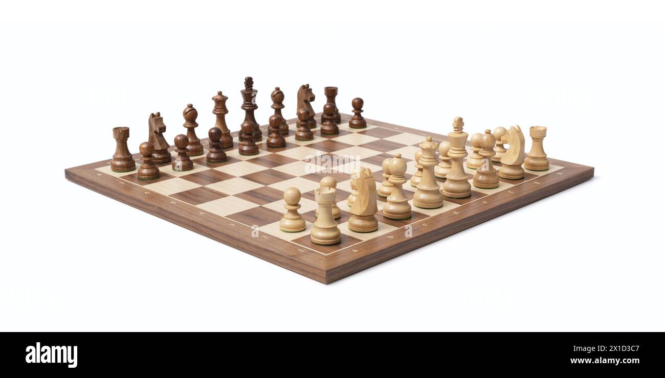 Wooden chessboard with chess pieces ready for the game isolated on ...