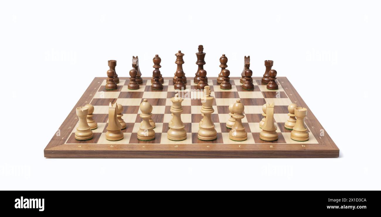 Wooden chessboard with chess pieces ready for the game isolated on ...