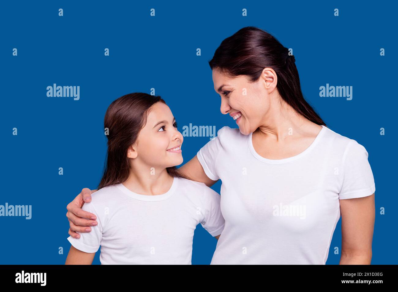 Close up photo amazing toothy pretty two people brown haired mum small ...