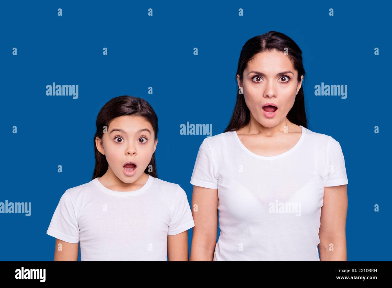 Close up photo pretty two people brown haired mum small little daughter ...