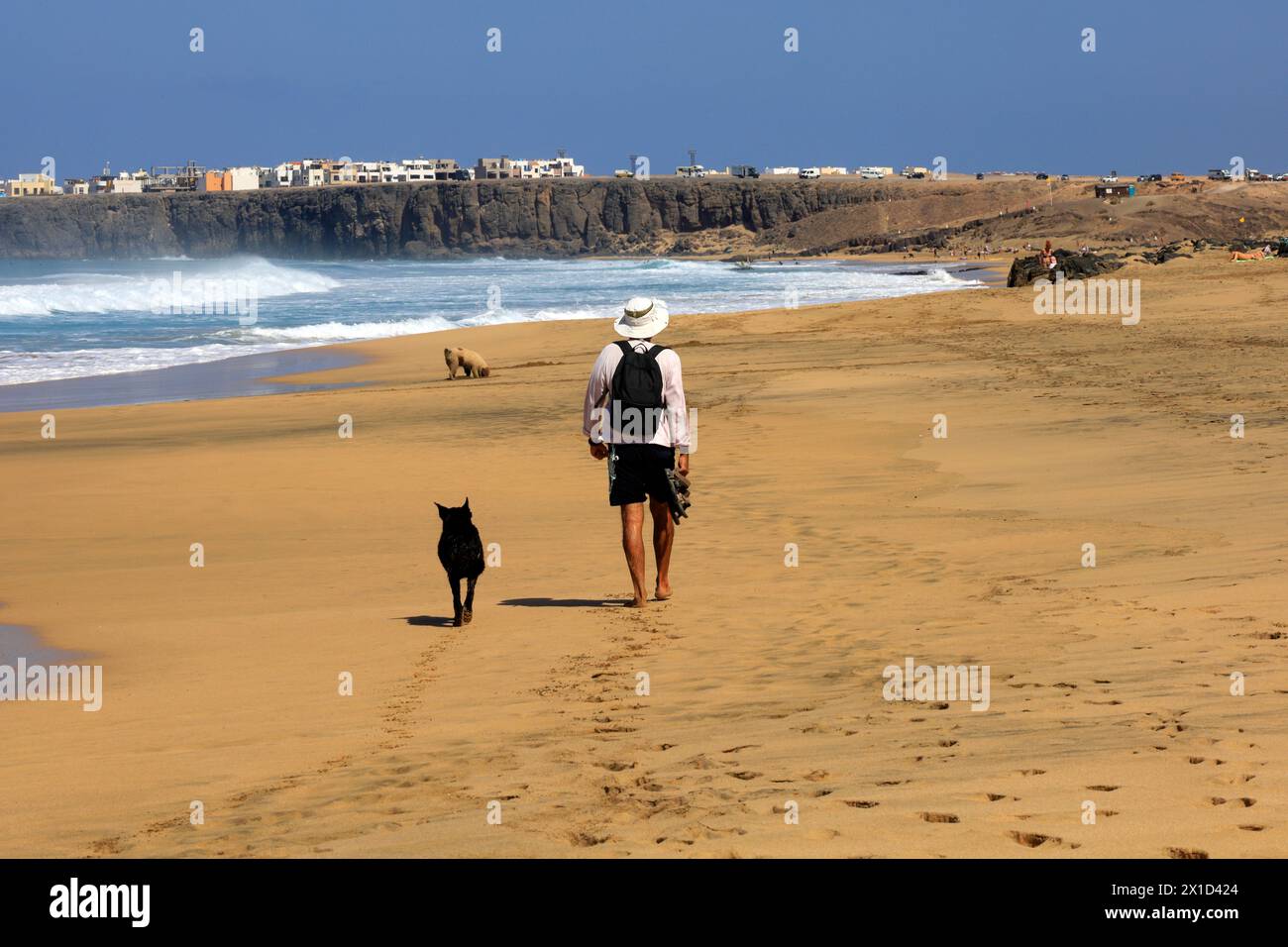 Man and dog walking along sandy beach, Piedra Playa, El Cotillo ...
