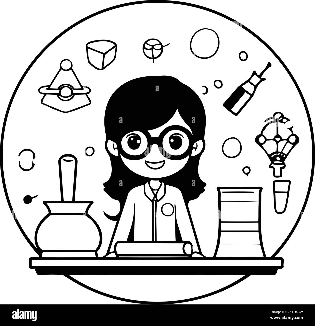Cartoon scientist girl with science icons on the background. Vector ...