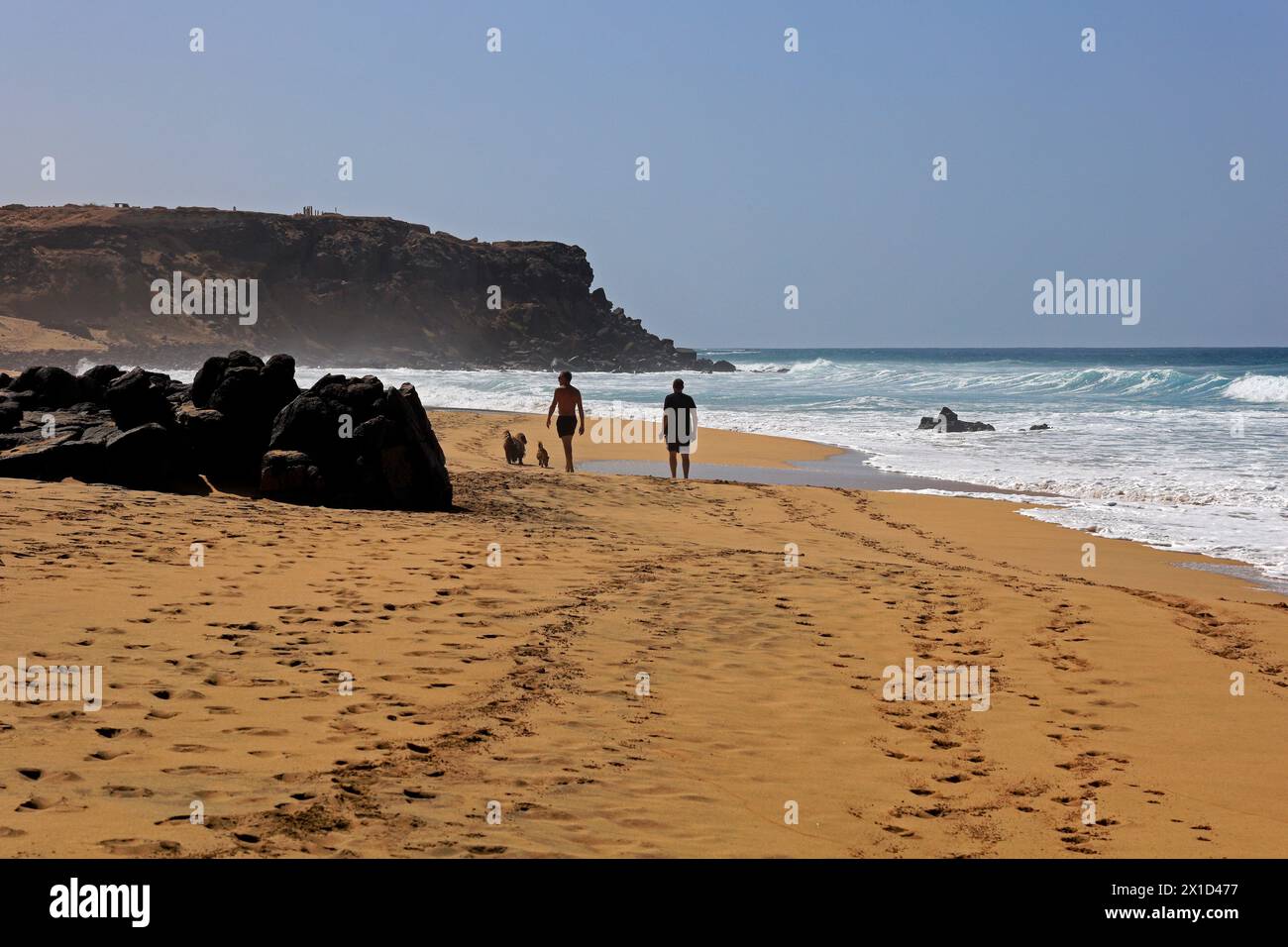 Two men and dogs walking along sandy beach, Piedra Playa, El Cotillo ...
