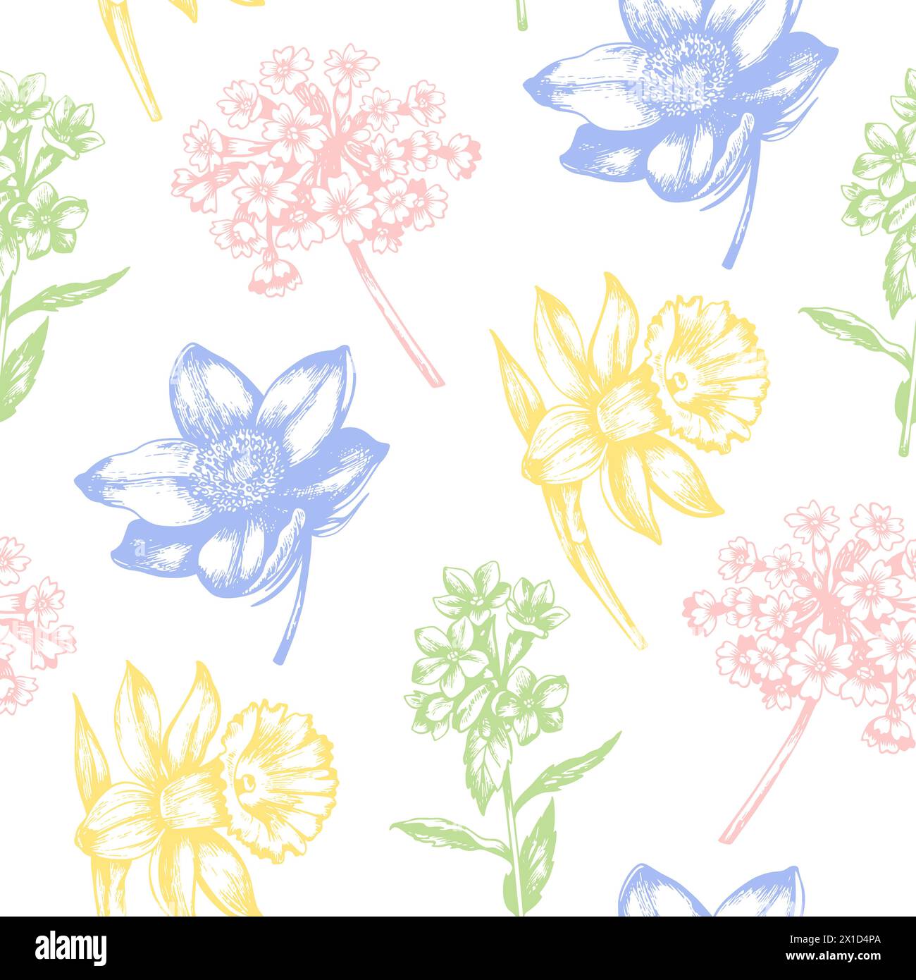 Vintage seamless pattern with spring flowers. Hand drawn illustration ...
