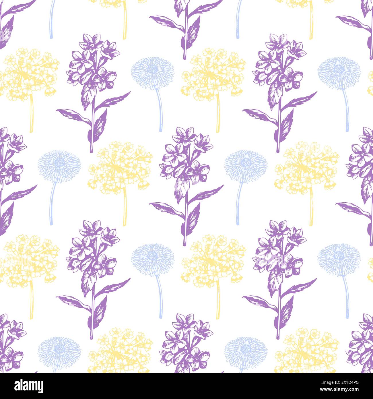 Vintage seamless pattern with spring flowers primrose. Hand drawn ...