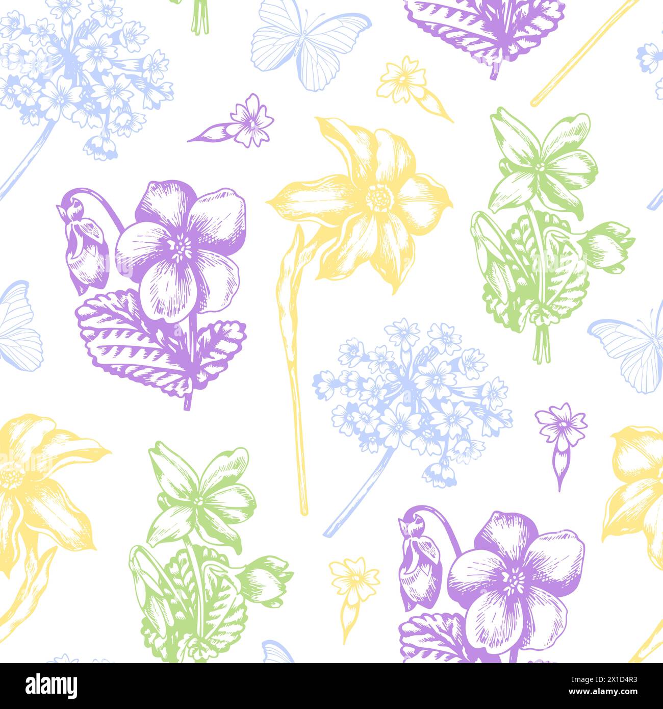 Vintage seamless pattern with spring flowers violets and daffodil. Hand ...