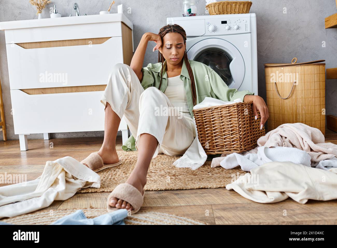 African American woman with afro braids sits calmly next to a laundry ...