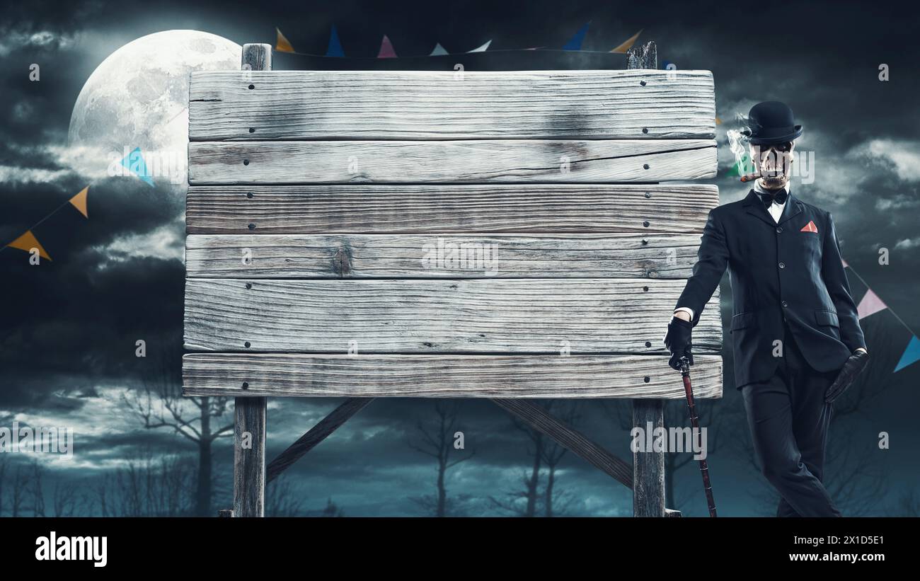 Scary Skeleton character standing next to an old wooden sign with copy ...