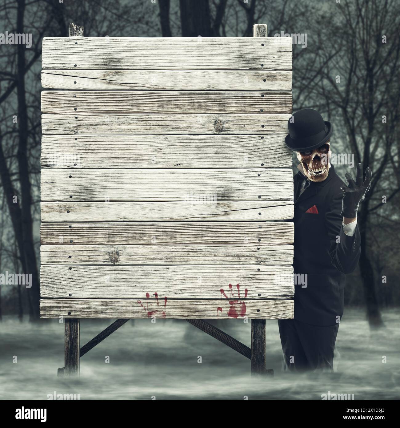 Scary Skeleton character standing next to an old wooden sign with copy ...