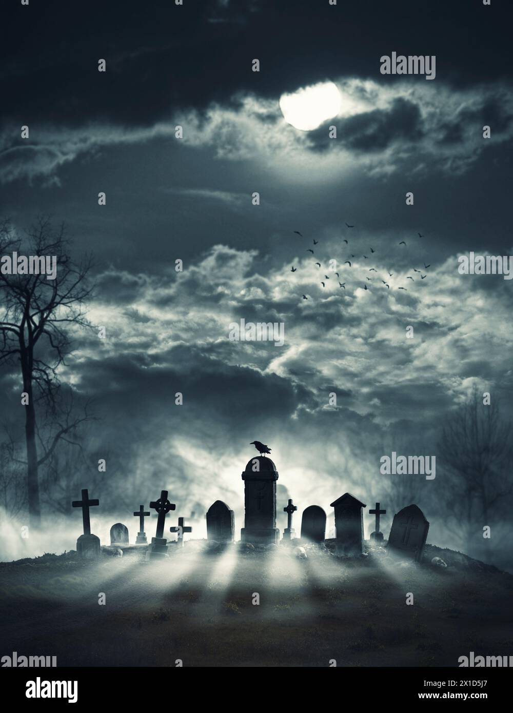 Creepy horror cemetery with old graves and crow, Halloween and horror ...