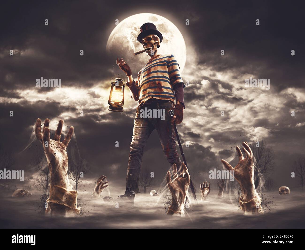 Creepy skeleton monster with top hat surrounded by zombie hands rising ...