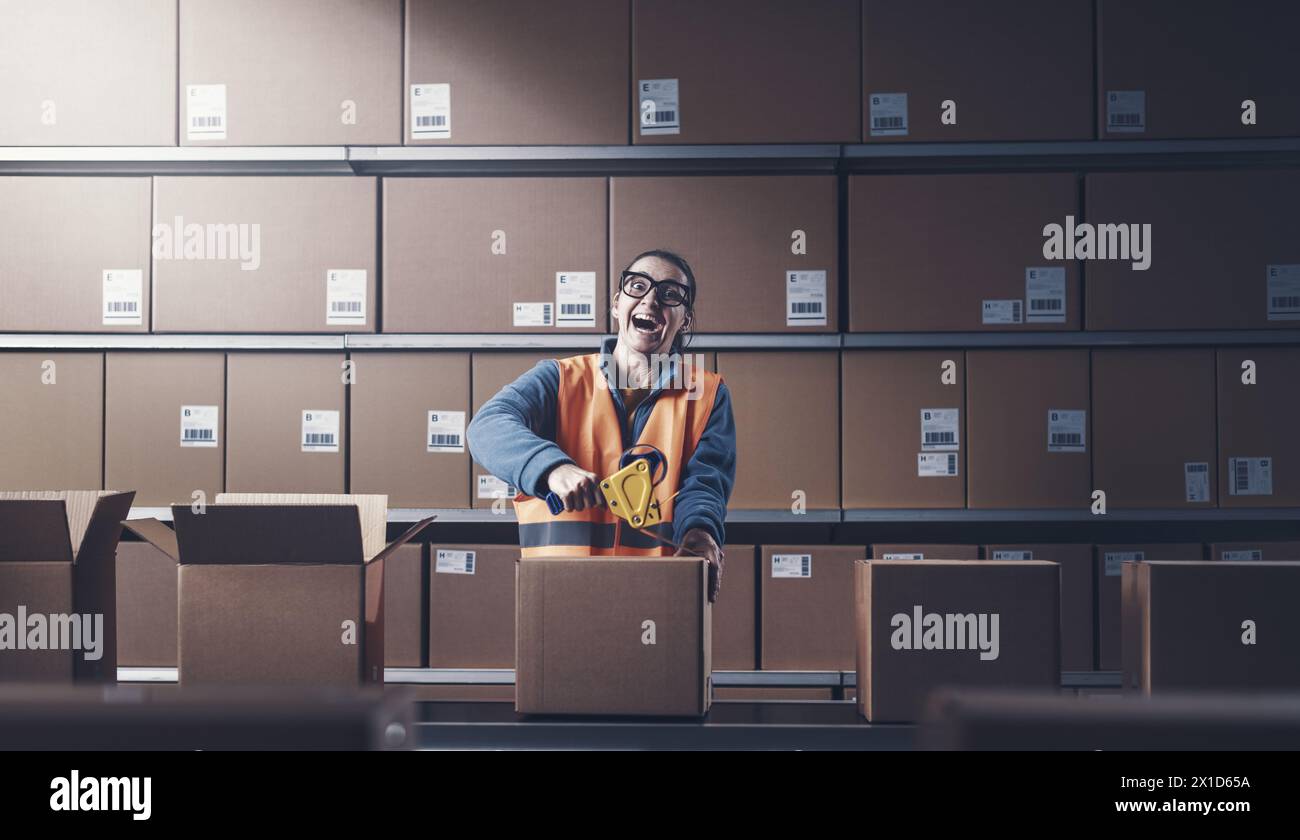 Overworked employee working at the warehouse, she is exhausted and gone ...