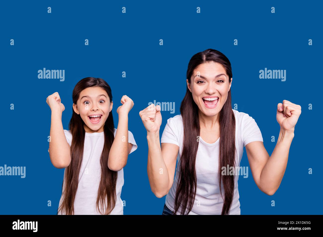 Close up photo cheer two people brown haired mum small little daughter ...