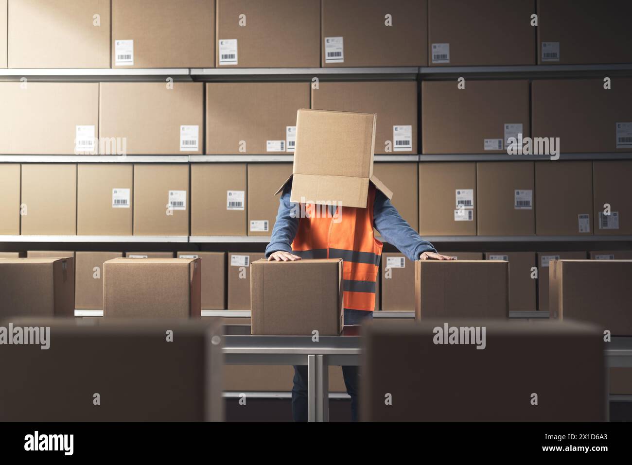 Frustrated depressed warehouse worker with a box on her head ...