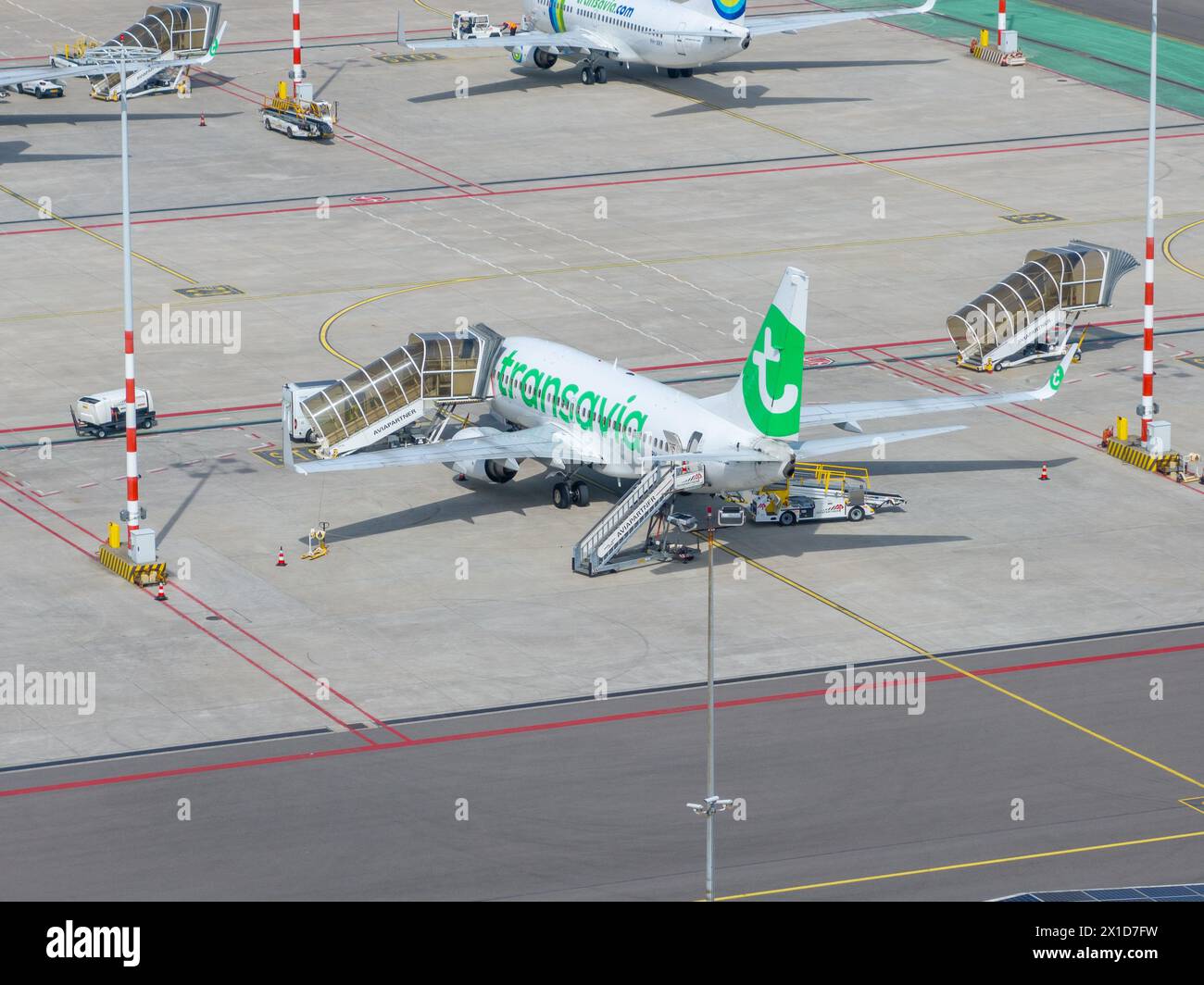 An aerial photo of the transavia aircraft on the platform of Rotterdam ...