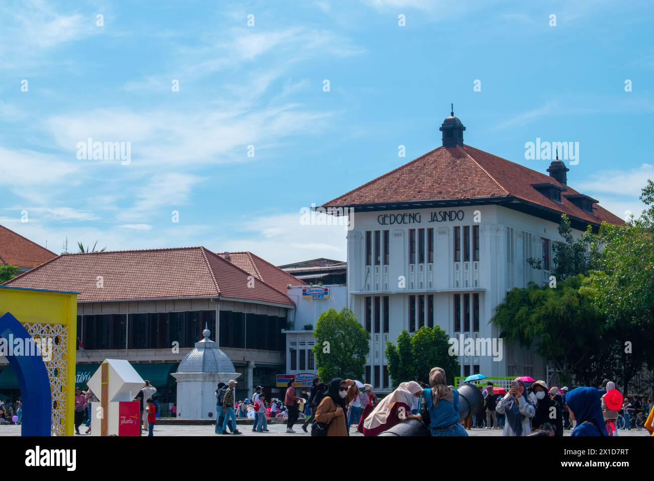 Gedoeng Jasindo, Indonesian heritage architecture with bright blue ...