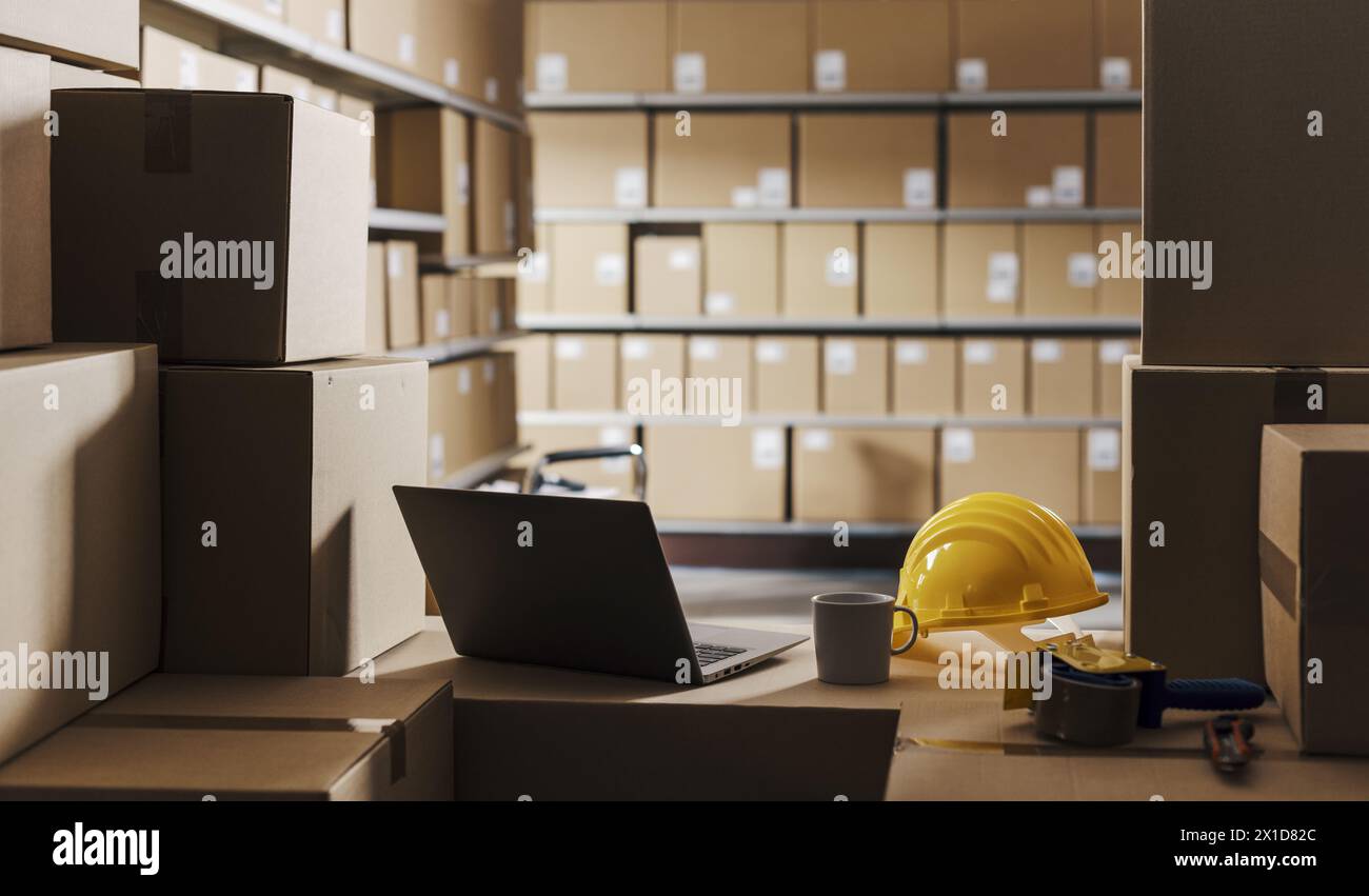 Warehouse interior with many cardboard boxes and parcels, logistics ...