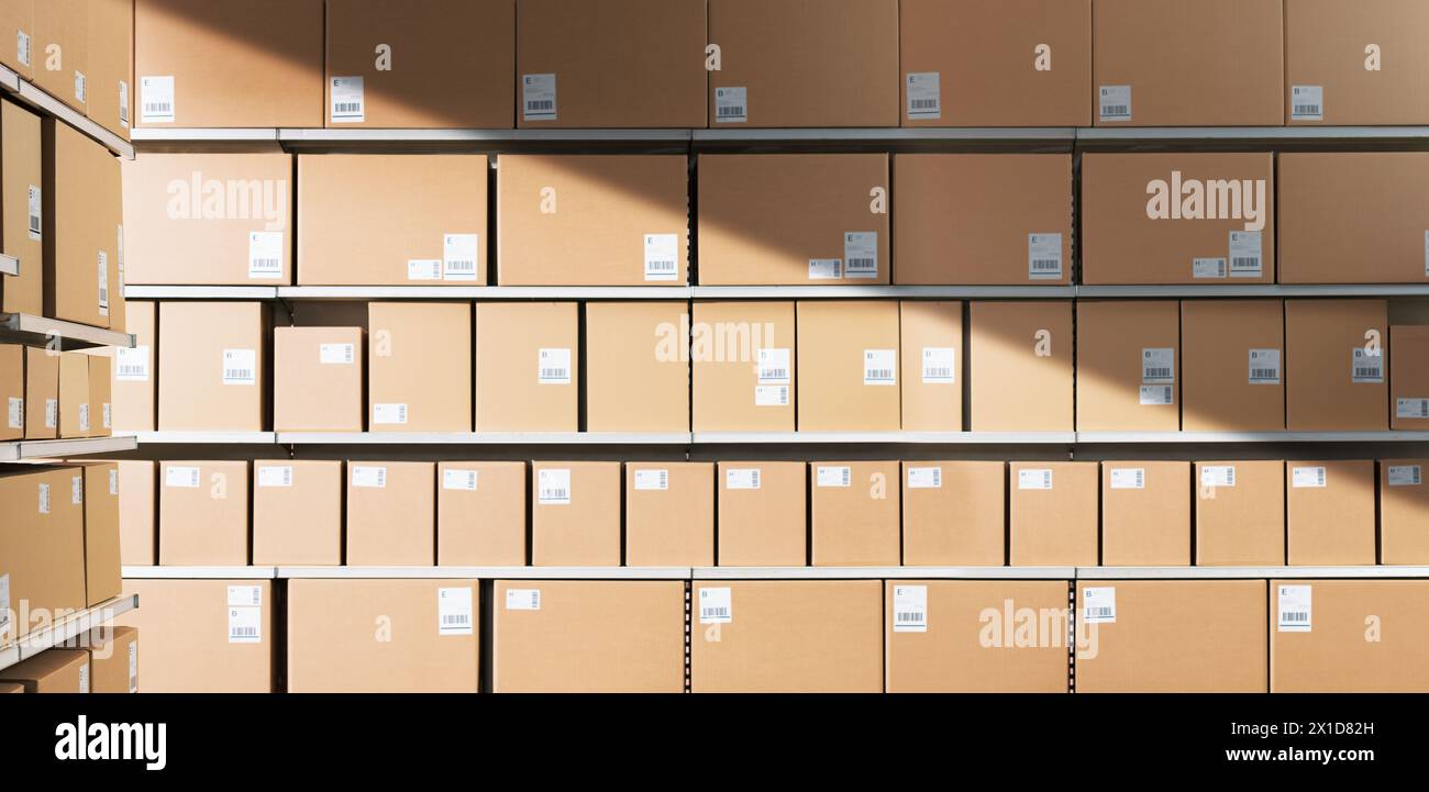 Distribution warehouse interior with many delivery boxes on shelves ...
