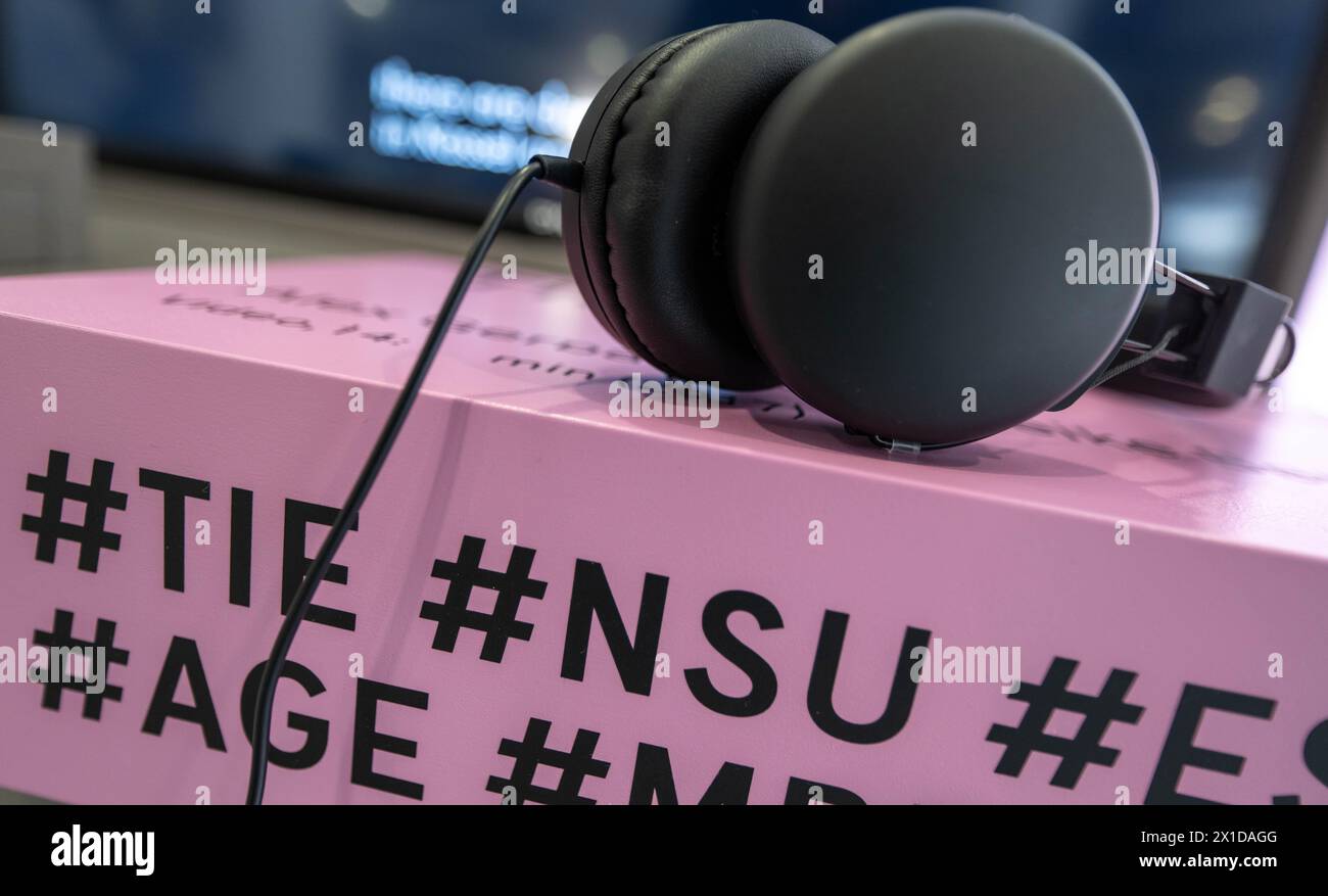 Chemnitz, Germany. 16th Apr, 2024. Headphones are placed at a listening ...
