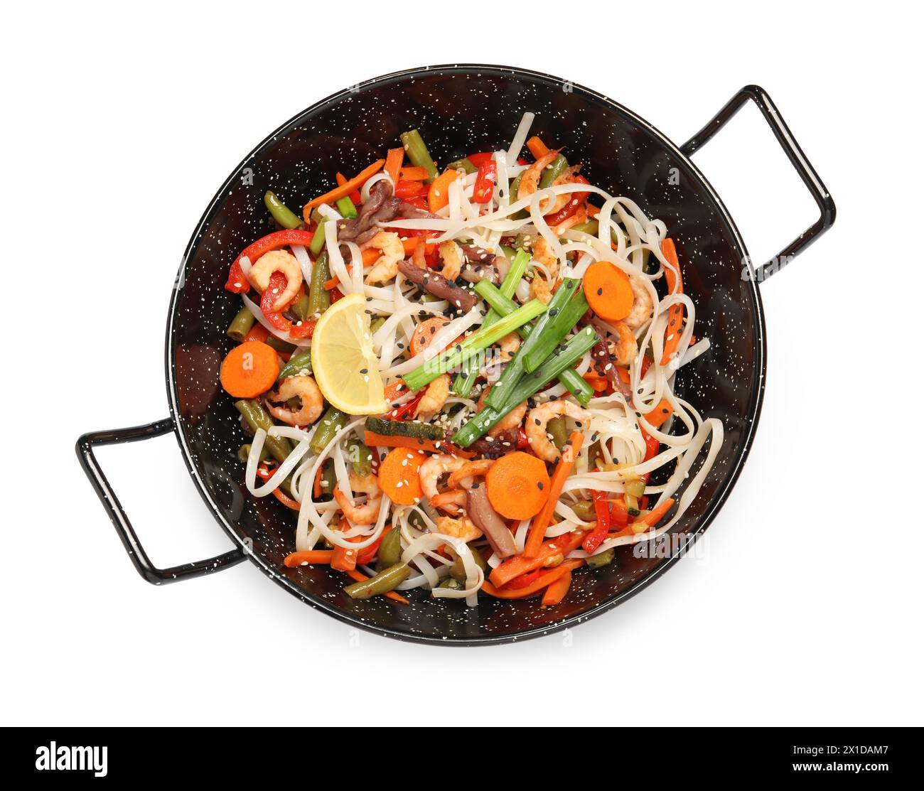 Shrimp stir fry with noodles and vegetables in wok isolated on white ...