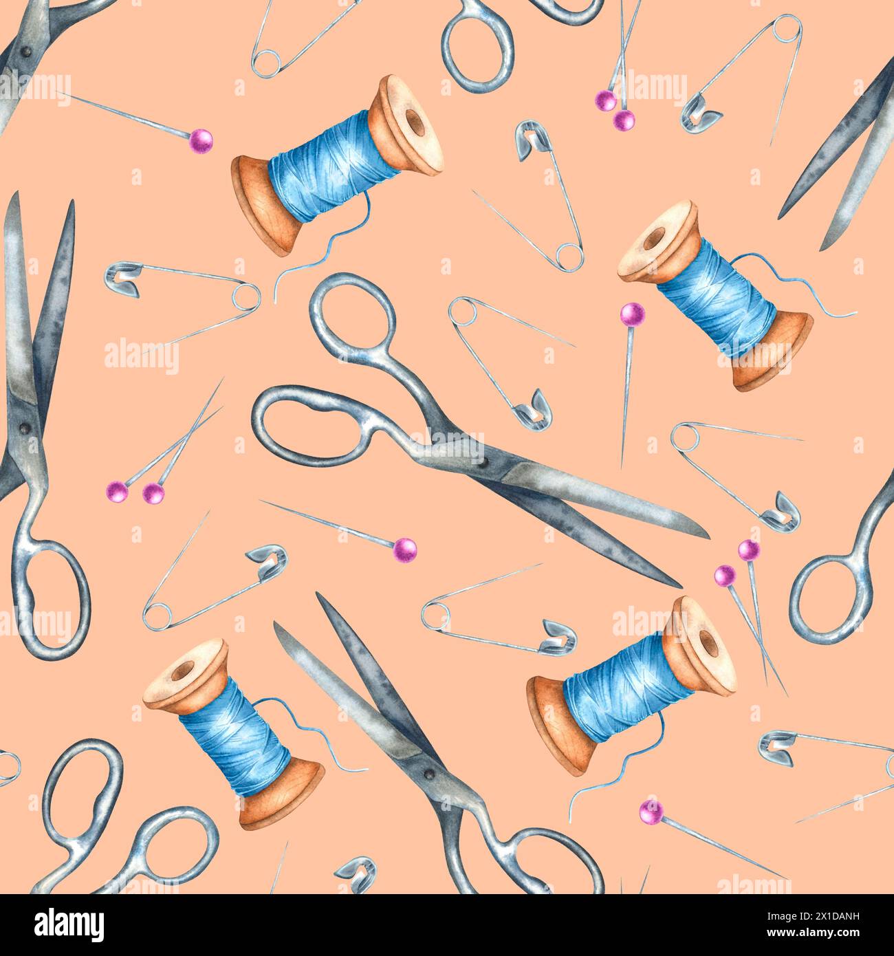 Scissors, spools of blue threads, safety pins, straight pins. Hand ...