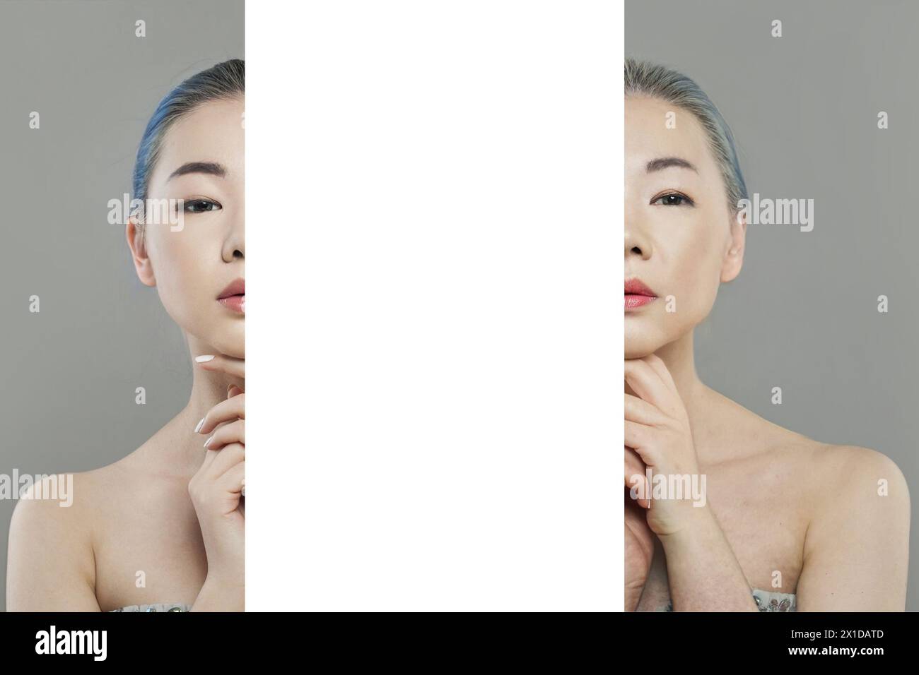 Two faces of Asian woman, young adult and senior. Aging, beauty ...