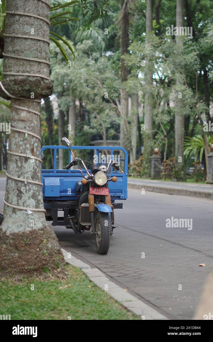 A three-wheeled motorbike with a blue body was parked on the side of ...