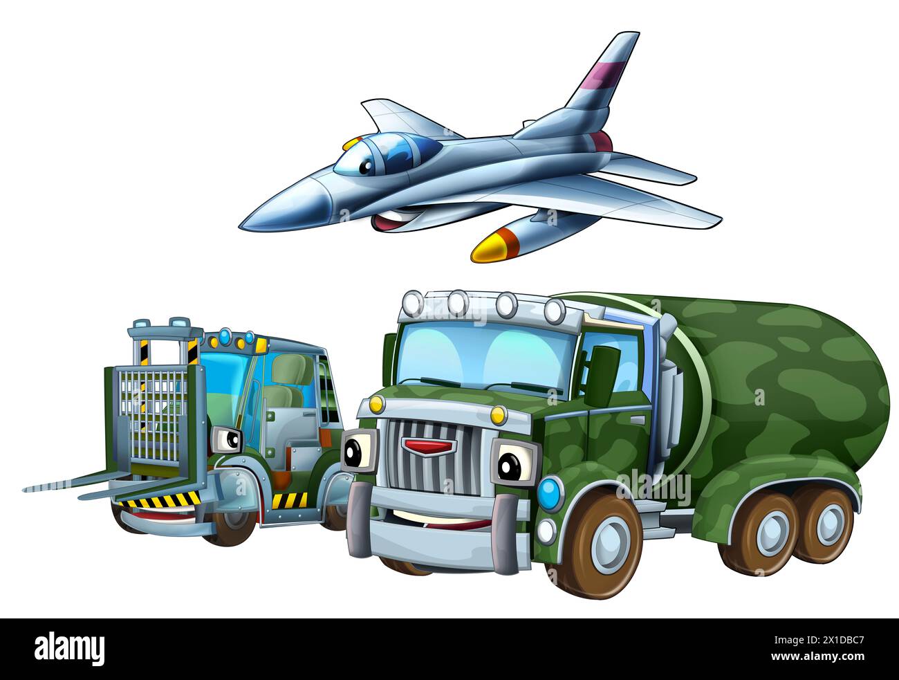 cartoon scene with two military army cars vehicles and flying jet ...