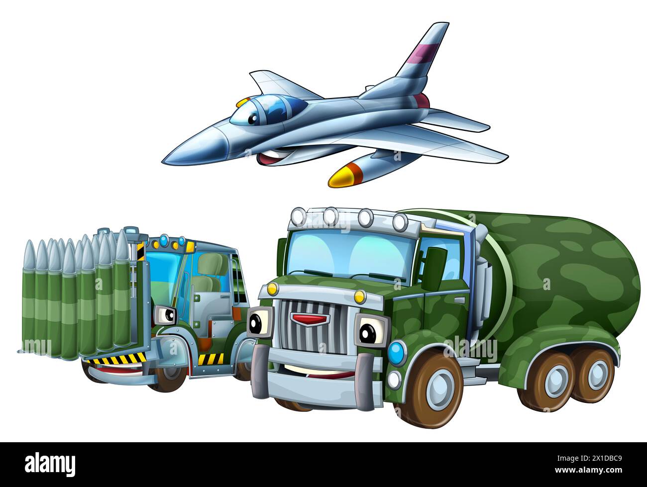 cartoon scene with two military army cars vehicles and flying jet ...
