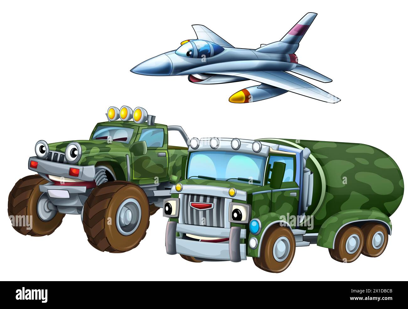 cartoon scene with two military army cars vehicles and flying jet ...