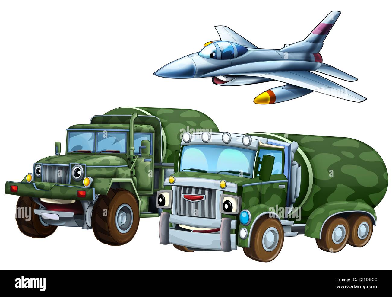 cartoon scene with two military army cars vehicles and flying jet ...