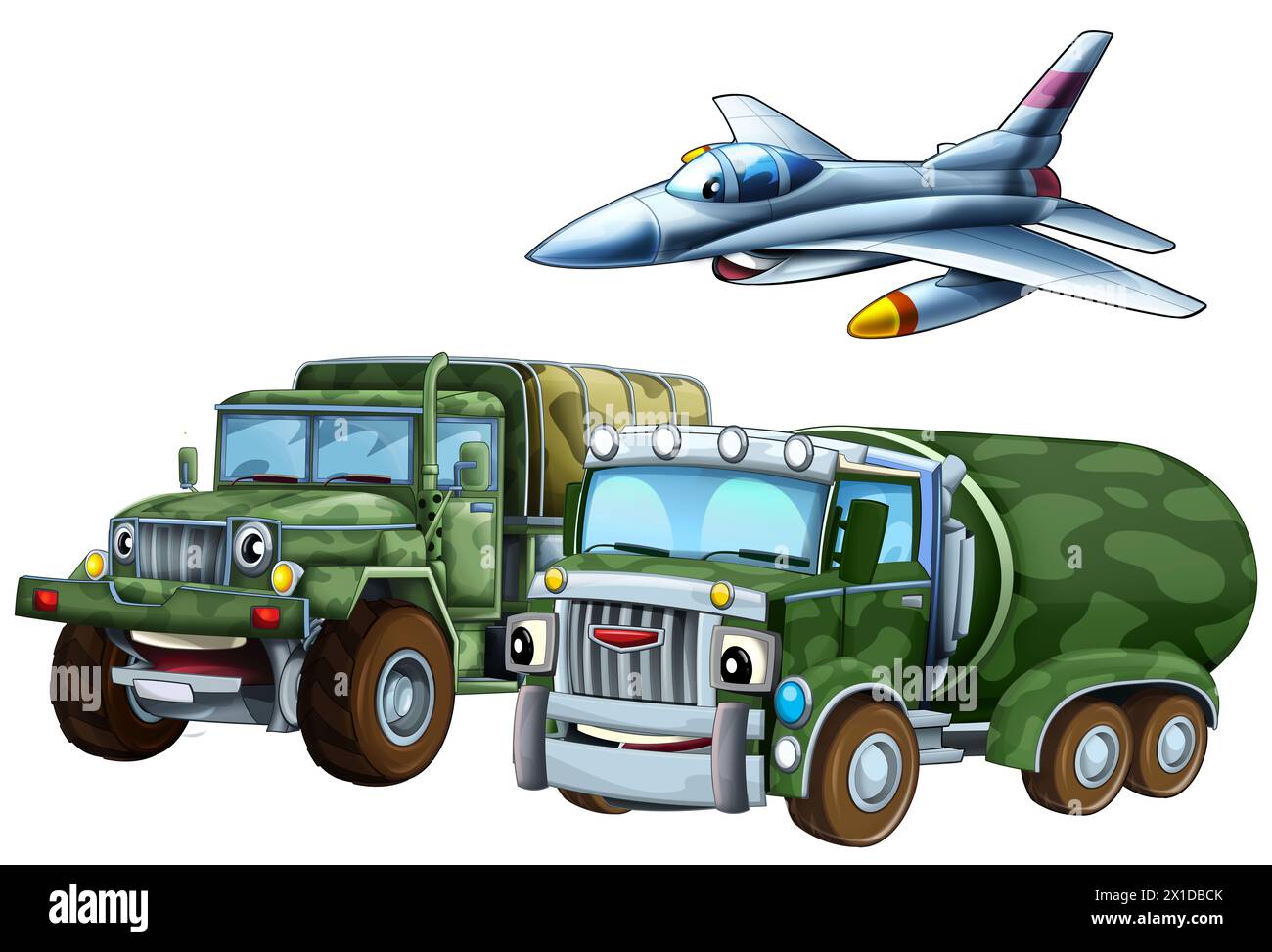 cartoon scene with two military army cars vehicles and flying jet ...