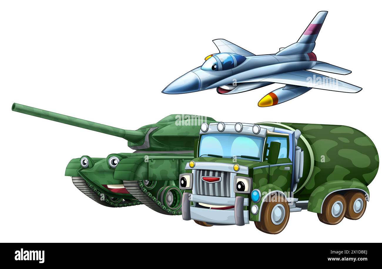 cartoon scene with two military army cars vehicles and flying jet ...