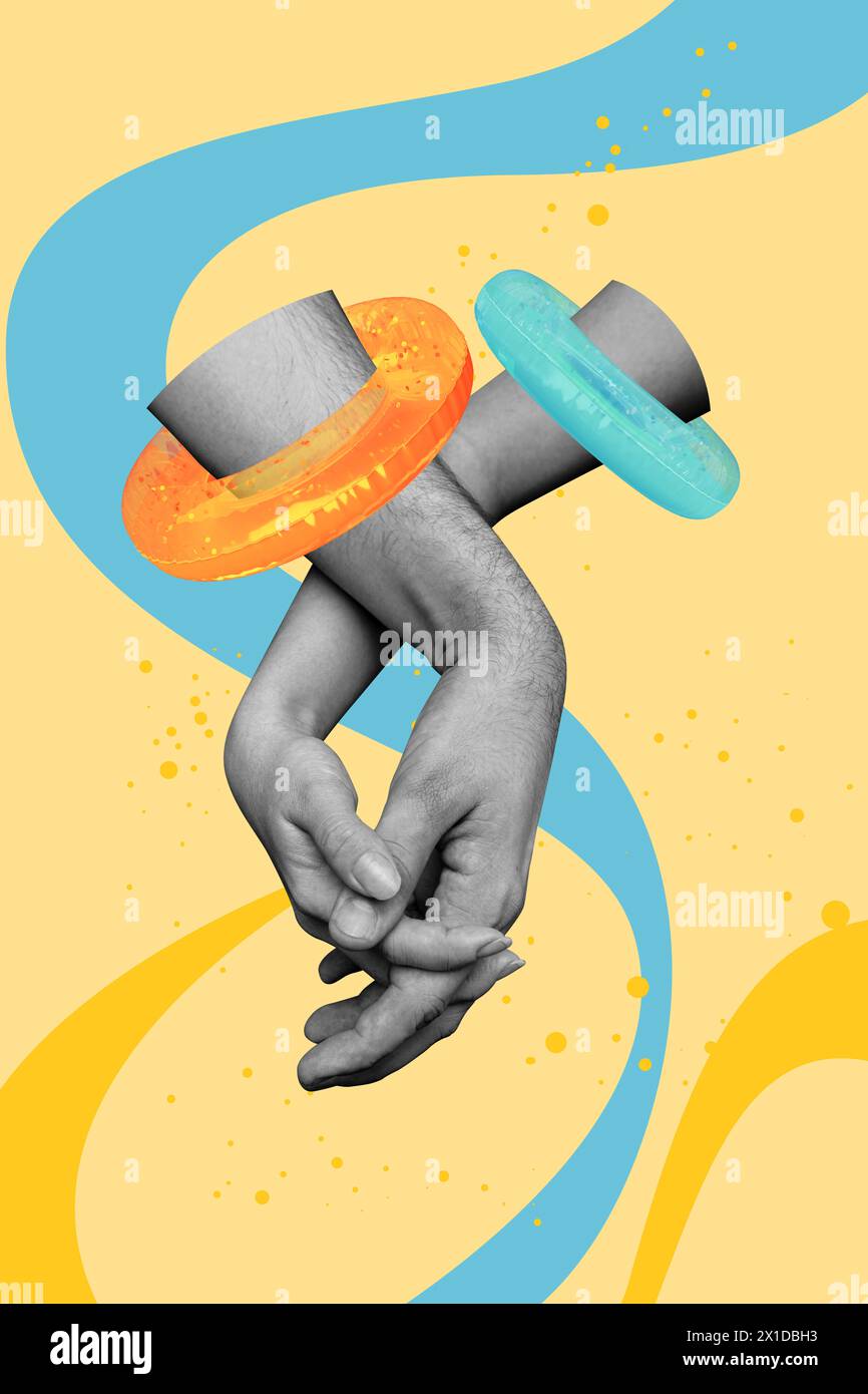 Vertical creative picture collage human hands body fragments hold each ...