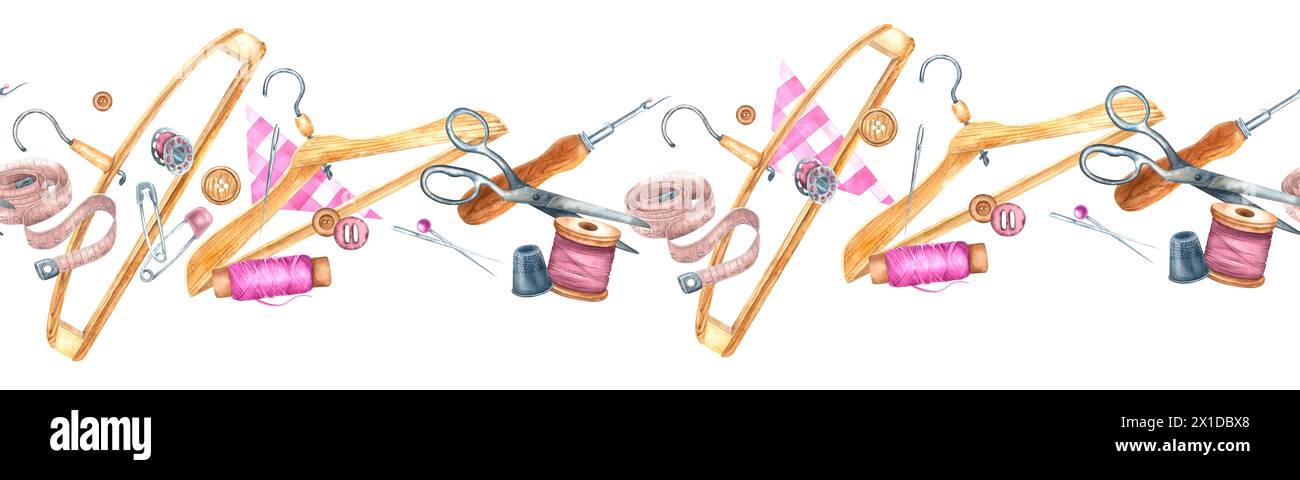 Seamless border with wooden hangers, scissors, seam ripper, flexible ...