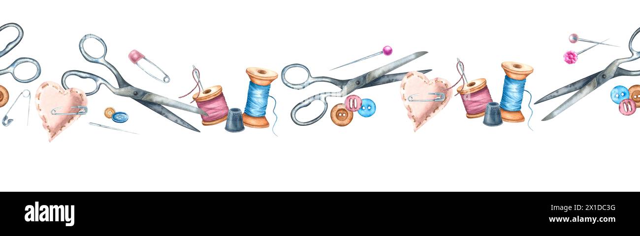 Seamless border with scissors, thimble, threads, safety pins, thimble ...