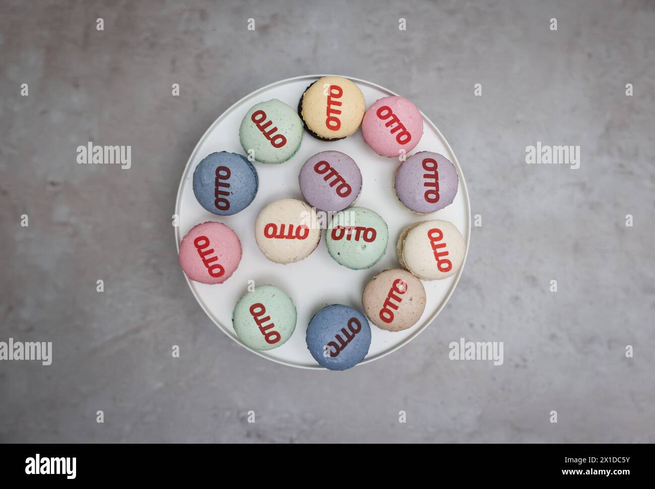 Hamburg, Germany. 16th Apr, 2024. A plate of sweet macarons with the ...