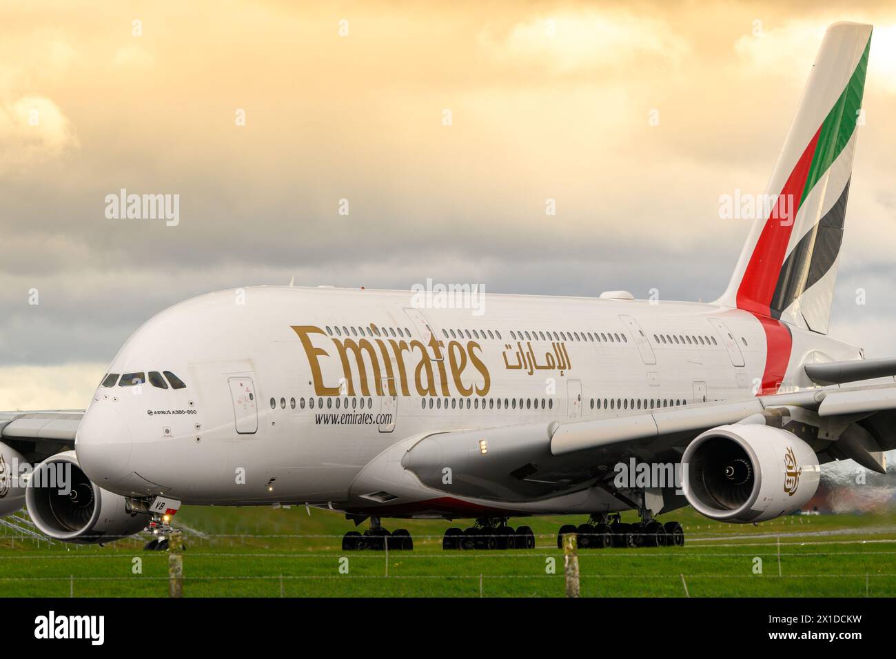 A recently landed Emirates Airbus A380-800 taxiing on runway 33 at ...